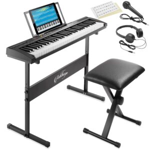 ashthorpe 61-key digital electronic keyboard piano for beginners, includes stand, bench, headphones, mic and keynote stickers