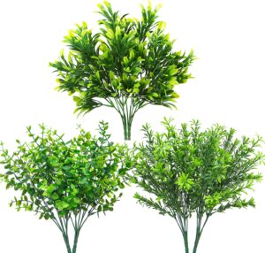 ouddy decor 6 bundles artificial greenery stems mixed fake plastic plants eucalyptus rosemary faux magnolia for outdoor indoor garden home window box decor