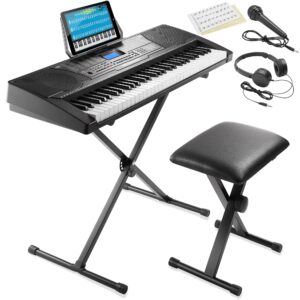 ashthorpe 61-key digital electronic keyboard piano with full-size keys for beginners, includes stand, bench, headphones, mic and keynote stickers