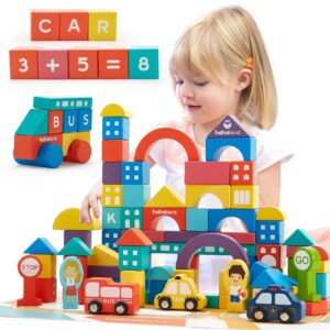 hahaland wooden blocks - building blocks set with number alphabet letter car - city construction stacking toddler toys montessori toys for 3 year old girls boys kids building toys for ages 3-4-5-6