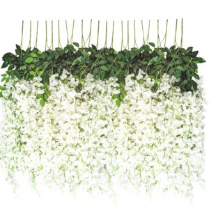 24 pack wisteria artificial hanging flowers 3.6 ft white fake silk flower vines rattan garland long string wisteria string home garden wall decoration outdoor wedding party ceremony arch floral decor