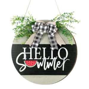 jetec hello summer sign wood door hanger rustic watermelon plaque porch decor wooden round hello summer sign with burlap bow wreaths for summer home farmhouse porch garden yard decoration