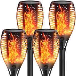 ruyilam solar garden lights outdoor, 4-pack 96led waterproof solar flickering dancing flame 31' pathway lights, dusk to dawn auto on/off for garden/yard/driveway/pathway