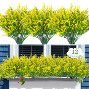 aitisor 12 bundles artificial lavender flowers outdoor fake flowers for decoration uv resistant no fade faux plastic plants garden porch window box décor (yellow)