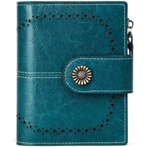 seammer small leather wallet for women rfid blocking bifold zipper pocket card case purse with 2 id windows (blue)