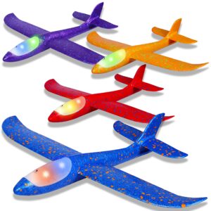 ijo 4 pack led light airplane toys-17.5" large throwing foam plane-2 flight modes glider plane-outdoor flying toys for kids-flying toys gift for boys girls 3 4 5 6 7 8 9 years old