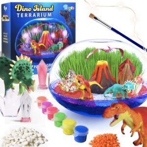 bryte light up dinosaur terrarium kit for kids - dino habitat with real plants, figurines, volcano & led lights, diy science kit, stem & arts crafts toys, birthday gifts for boys aged 4-12 yrs