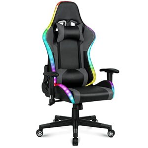 gaming chair with speakers video game chair with rgb led lights ergonomic racing office chair pu leather recliner computer chair swivel e-sports chair with lumbar support headrest armrest, black