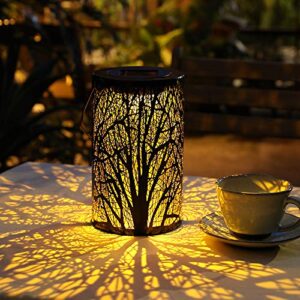 fovasen hanging solar led candle lanterns, farmhouse retro metal table lanterns rounded decorative outdoor lights waterproof solar lamp with handle for garden, patio,porch,yard,fireplace and tabletop