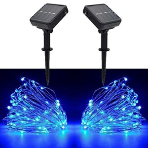 yiwolit solar string light outdoor waterproof, 2 pack each 33ft 100 led 8 modes copper wire fairy lights for garden , patio, yard, home, wedding, christmas, halloween decoration (blue)