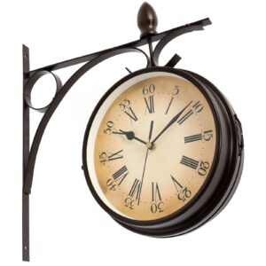 ironwalls hanging double sided clock, metal iron vintage wall clock, battery operated quiet silent european style wall-mounted antique retro clock for patio, cafe, garden, home decor