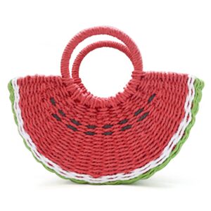 qtkj semi-circle rattan watermelon straw handbags, hand-woven summer fruit shape beach straw bag with round handle for women (red watermelon)