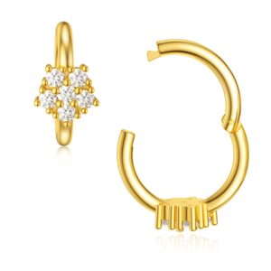 sisgem 14k real gold flower nose ring with sparkly cubic zirconia,1 pc yellow gold small hoop earring nose ring fine jewelry gift for mother's day birthday,18 gauge（2 in 1）