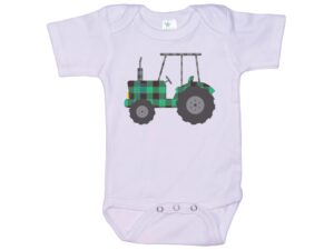 ebenezer fire tractor onesie/plaid tractor/baby farm outfit/country bodysuit/sublimated design (white short sleeve, 6-12m)