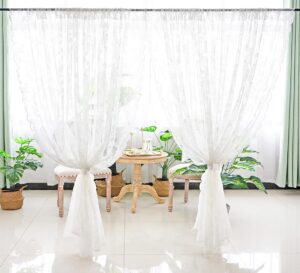 aspthoyu white net curtains 2 pcs patterned voile curtains lace curtain for windows, curtain panels with 2 ties for decorate home garden party wedding, w150cm x h180cm