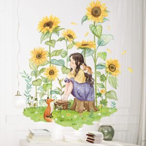 sunflower and girl wall decals garden flower wall stickers bedroom living room tv wall art decor murals 29 in x 33 in (sunflower and girl)