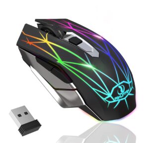 riikuntek wireless gaming mouse, computer mouse rechargeable with 3 adjustable dpi, silent click, usb receiver, led lights, 2.4ghz portable ergonomic rgb optical gamer mice mouse for laptop pc black