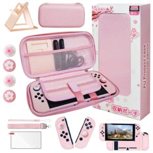 hlrao pink travel carrying case accessories kit compatible with nintendo switch (not fit oled/lite).pink switch hard protective cover,adjustable stand,screen protector & cute thumb grips 10 in 1 gift.