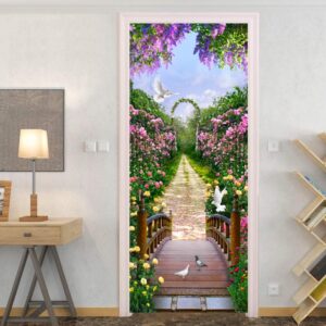 qhoxai 3d door sticker garden bridge white pigeon photo wallpaper living room kids bedroom bathroom home decor decal art poster pvc waterproof self-adhesive murals wall art stickers 33.4x80.7 inch