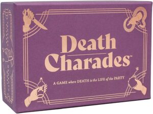 death charades: silly, fun, party card game, teams have 45 second rounds to guess the charade, endless rounds or until the cards run out, 2 to 20 players, for ages 13 and up