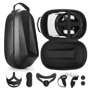 esimen carrying case for oculus quest 2 with head strap - hard protection case and lightweight travel case with starter kit, face cover, and silicone controller cover(black case set accessories)