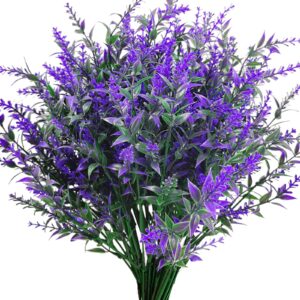 akomic 12pcs artificial lavender flowers fake plastic outdoor plants uv resistant shrubs for indoor outside home porch garden window box wedding party decoration