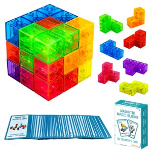 ouxia magnetic building blocks magic magnetic 3d puzzle cubes, set of 7 multi shapes magnetic blocks with 54 guide cards, children's educational toys and stress relief fidget toys for kids adults