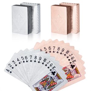 zayvor 2 decks playing cards foil poker cards deck of cards 24k gold diamond foil poker cards waterproof plastic cards with gift box,game tools for family game party- cool silver and rose gold