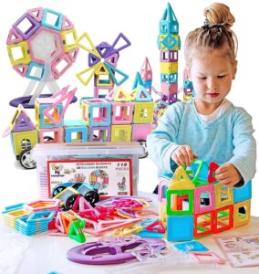 brightybright magnetic blocks castle building toys intelligent 3d stem educational game for kids toddlers boys girls magnet tiles set 114 pc best gifts for kids, multicolor