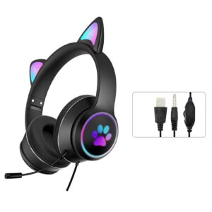 qoonestl gaming headset foldable cat ear headphone with rgb led light, stereo sound headphones with microphone, usb 3.5mm wired over-ear gaming headsets for kids and adult