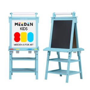 meeden art easel for kids: double-sided solid pine wood kids easel with paper roll - all-in-one kids art easel with chalkboard & magnetic whiteboard - walnut