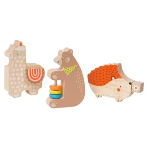 manhattan toy musical forest trio 3 piece wooden toy set for toddlers with bear rattle, llama clacker & hedgehog guiro