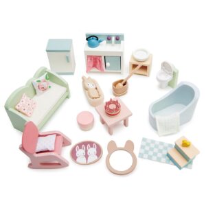 tender leaf toys - countryside furniture set - fully furnished dollhouse accessories - bathroom, living room and kitchen all in one, miniature pretend play - age 3+