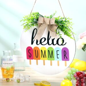 jetec hello summer door sign rustic ice lolly wooden door sign hanging round porch decor with burlap bow wreaths front door decor for summer farmhouse home porch garden yard decor, 11.8 inch (white)