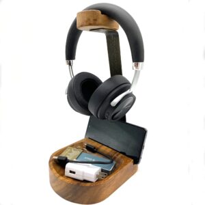 wrightmart acacia wood headphone stand, headset stand with storage tray, heavy duty holder for over-ear headphones, cell phone, iphone, compatible with bose, beats, sony, sennheiser