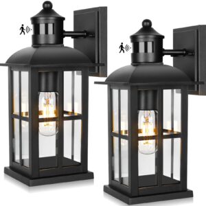 2 packs motion sensor wall lights, dusk to dawn outdoor lighting, led exterior lantern fixtures sconce, anti-rust porch light fixtures, mount for garage, doorway, 100% aluminum, waterproof