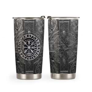 20oz viking gifts for men, norse mythology gifts, valentines day gifts for him, birthday, inspirational gifts, vegvisir viking symbol tumbler cup, insulated travel coffee mug with lid