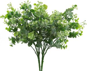 season’s need decor 2 bundles artificial boxwood shrubs - eucalyptus greenery stems - fake plants for garden home porch patio window box bedroom décor - artificial eucalyptus 15inches (green)