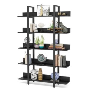 tribesigns 5 tiers bookcase, 5-shelf industrial style etagere bookcases and book shelves, metal and wood free vintage bookshelf with back fence, black