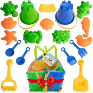 toyli sand toys beach set 19 pieces with bag, sand buckets, shovels, sand sifters, rakes, sand molds, pail and shovel set for kids children beach toys for toddlers 1-2 snow toys