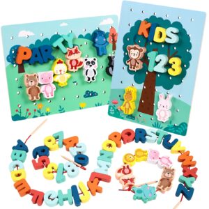 atoylink 66 pcs lacing beads montessori toys for toddlers with lacing board wooden primary string threading beads animal letters numbers lacing toy preschool educational toy for 3 4 5 6 7 8 years old