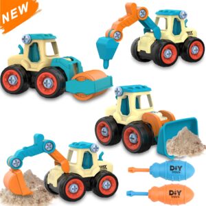 sand toys for kids toddlers: take apart construction toys truck set includes road roller, excavator, bulldozer, drilling truck