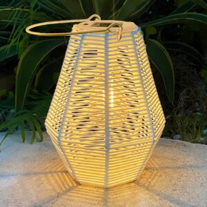 rattan outdoor solar lantern - waterproof hanging table solar lanterns - white woven decorative solar lamp lights with handle for patio yard garden decoration (edison bulb)