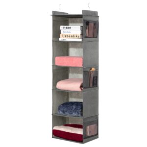 bsfhh hanging closet organizer, 5-shelf closet hanging storage with 6 side pockets,collapsible hanging shelves for closet oxford cloth 10.4" w x 11.8" l x 51.6" h (grey, 1 pack)