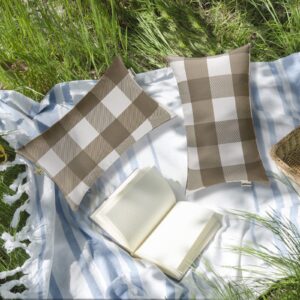 miulee plaids pillow covers checkered throw pillow covers outdoor waterproof decorative pillowcases set of 2 for sofa couch living room patio garden 12x20 inch, brown and white