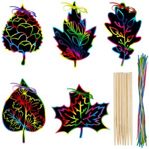 50 pcs scratch art for kids fall leaves, fall crafts for kids rainbow scratch paper for diy craft autumn decoration diy crafts halloween thanksgiving gift