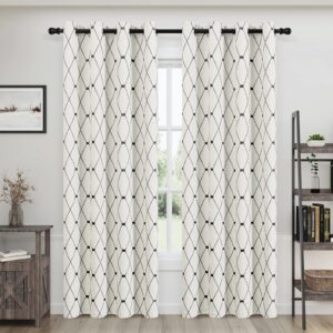 joywell cream linen textured curtains 84 inches long for living room embroidered farmhouse window curtain grommet drapes 2 panels heavy cotton curtains black checkered pattern on beige