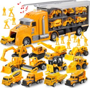 joyin 25 in 1 construction truck vehicle toy set, play vehicles set with sounds and lights in carrier truck, push and go vehicle car toy, kids birthday gifts for over 3 years old boys