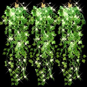 mudder fake ivy vines with lights, led artificial hanging green leaves vines for outdoors patio porch decor (basket not included) (ivy style, 3 packs)