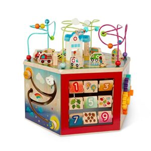 battat – wooden activity cube – city-themed activity center – educational toys- wooden toys for toddlers and kids- 1 year +